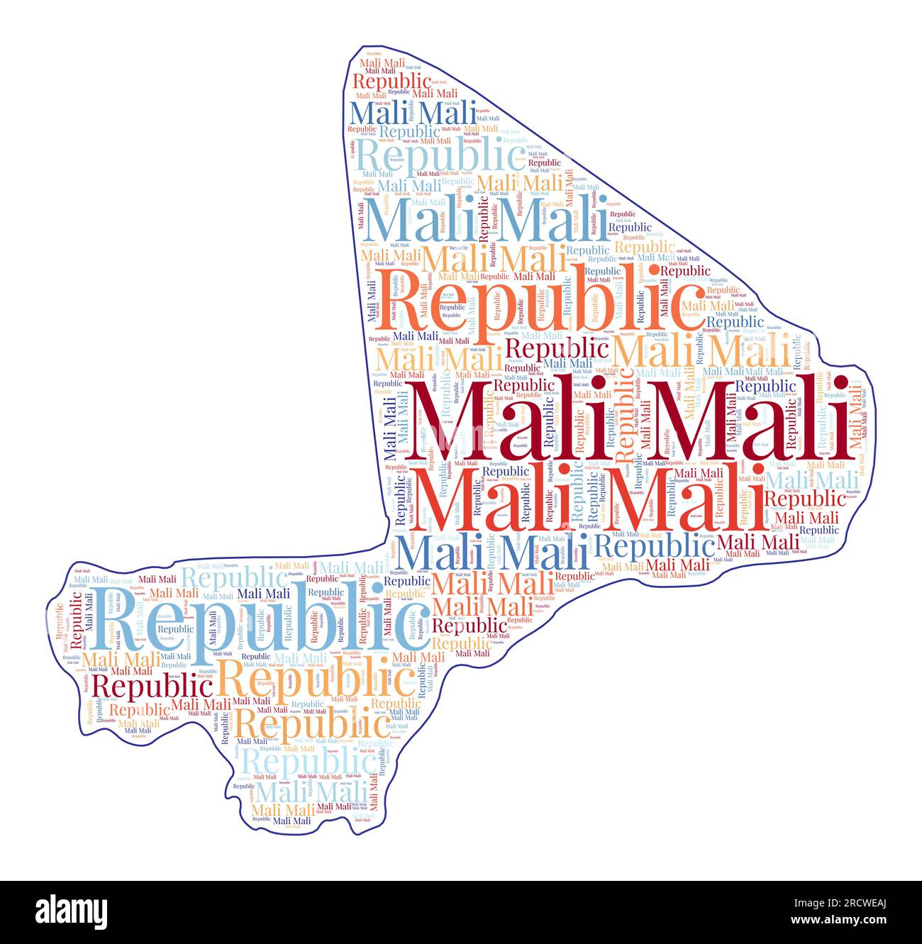 Mali shape filled with country name in many languages. Mali map in word ...
