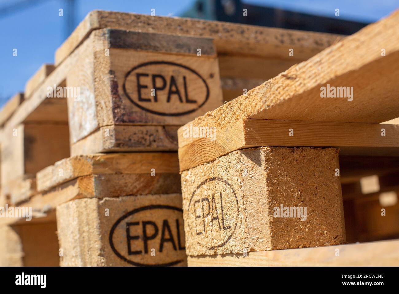 Berlin, Germany. 03rd June, 2023. Wooden Euro pallets with the "EPAL ...