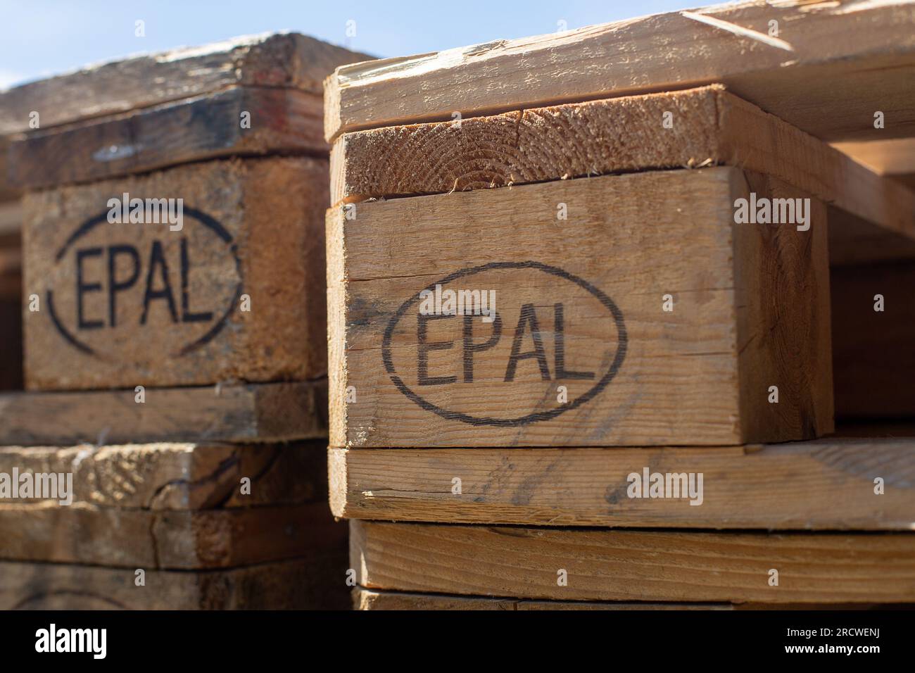 Berlin, Germany. 03rd June, 2023. Wooden Euro pallets with the "EPAL ...