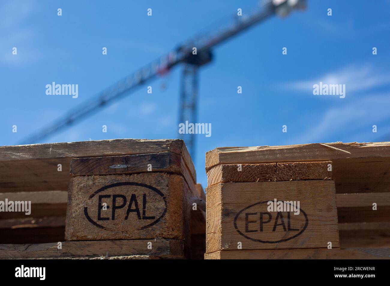 Berlin, Germany. 03rd June, 2023. Wooden Euro pallets with the "EPAL ...