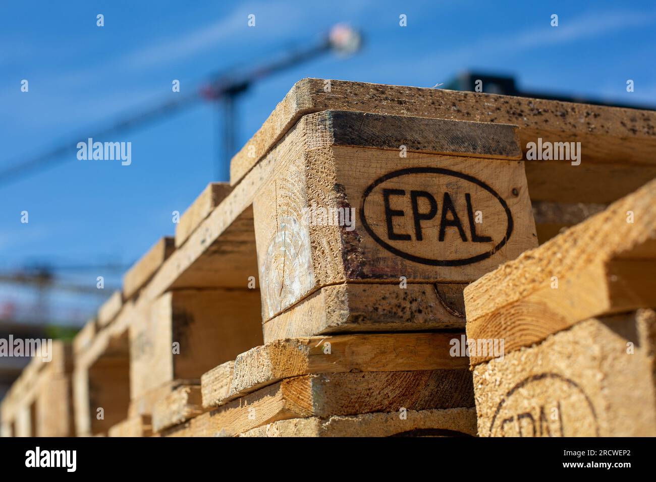 Berlin, Germany. 03rd June, 2023. Wooden Euro pallets with the "EPAL ...