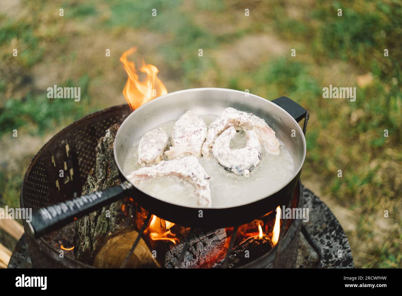 Man cooking fish on fire in nature, camping outdoors Stock Photo - Alamy