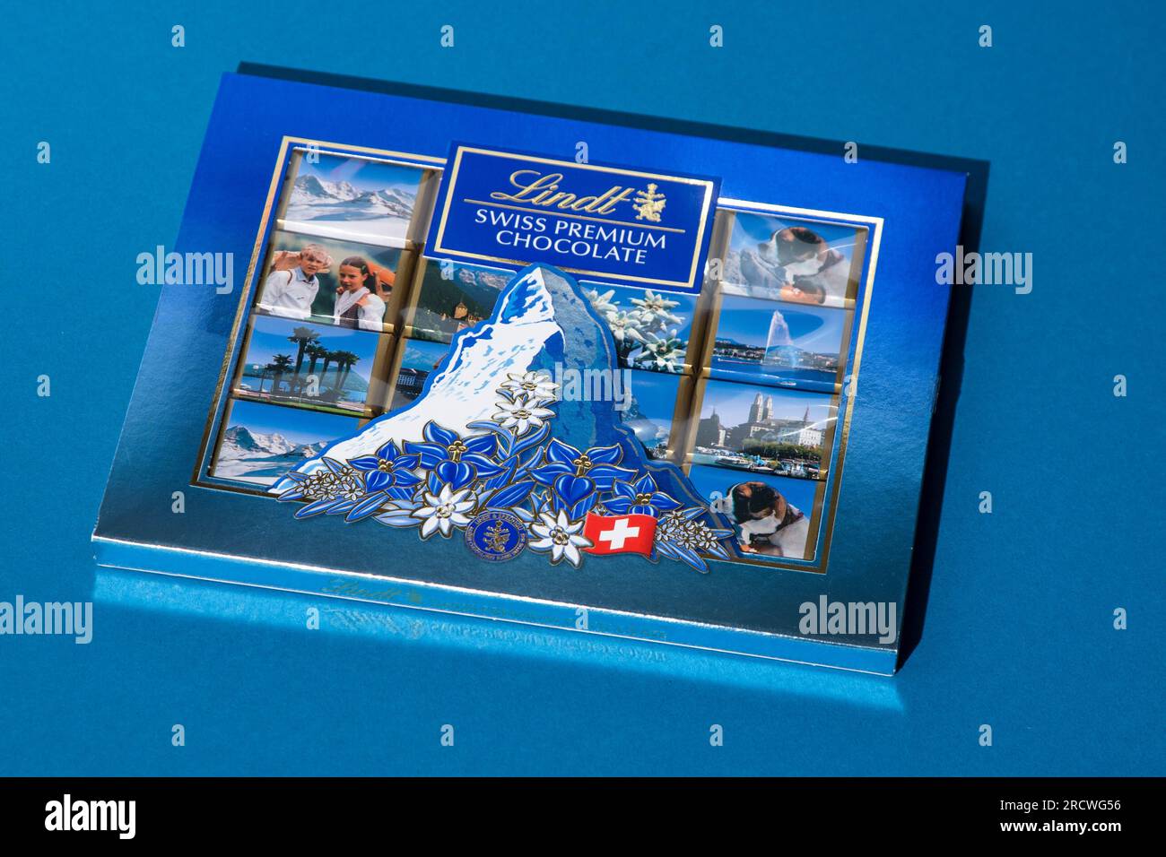 A blue box of Lindt chocolates. Swiss premium chocolate. Souvenir gift ...