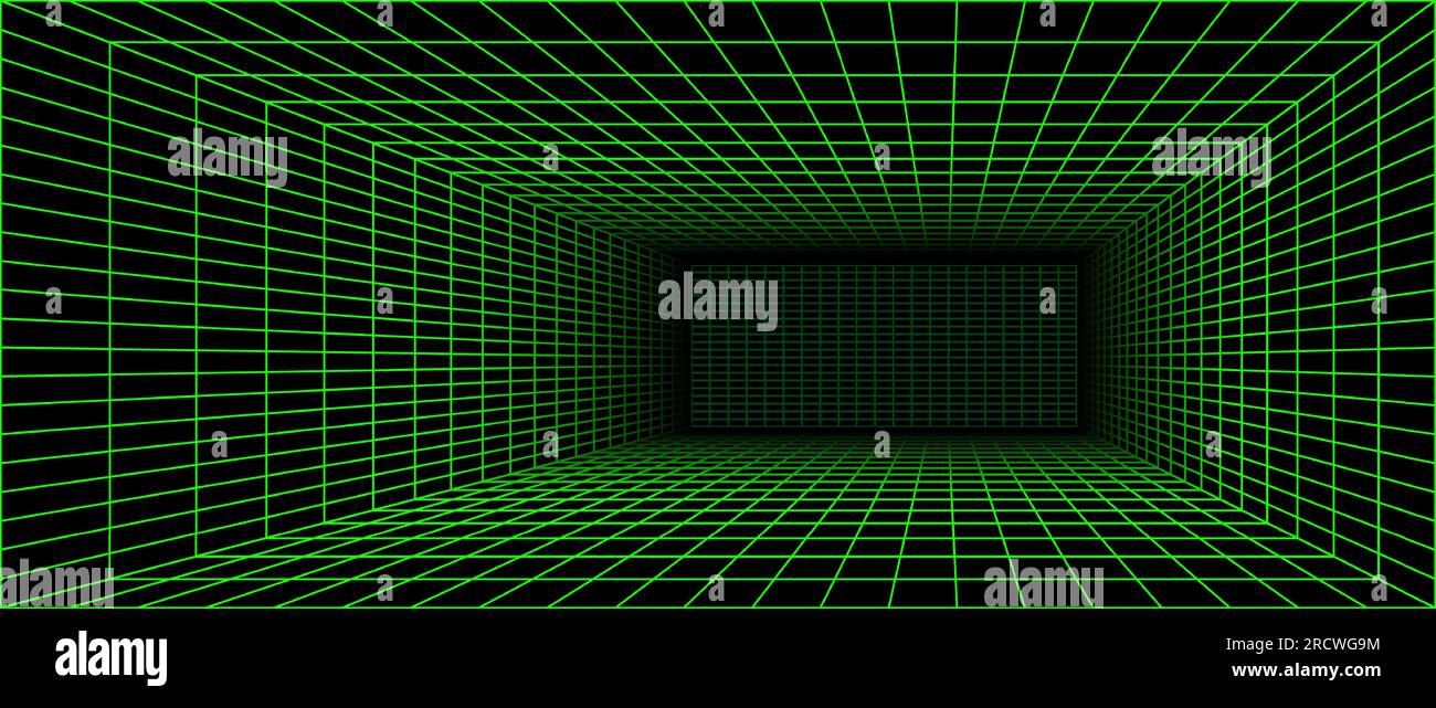 Neon green wireframe grid room. 3d perspective angle background ...