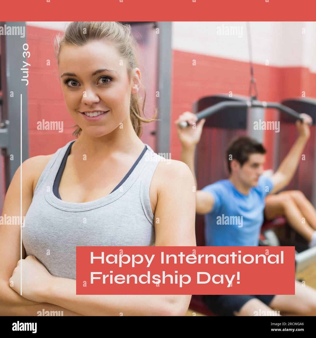 Happy international friendship day text on red and happy caucasian ...