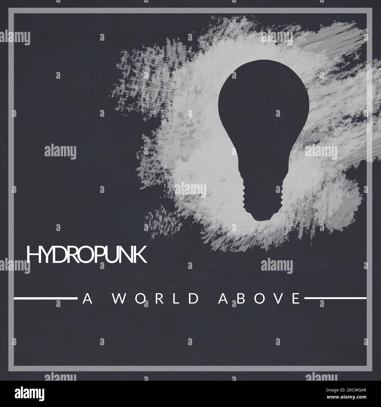 Hydropunk, a world above text and grey frame over lightbulb silhouette ...