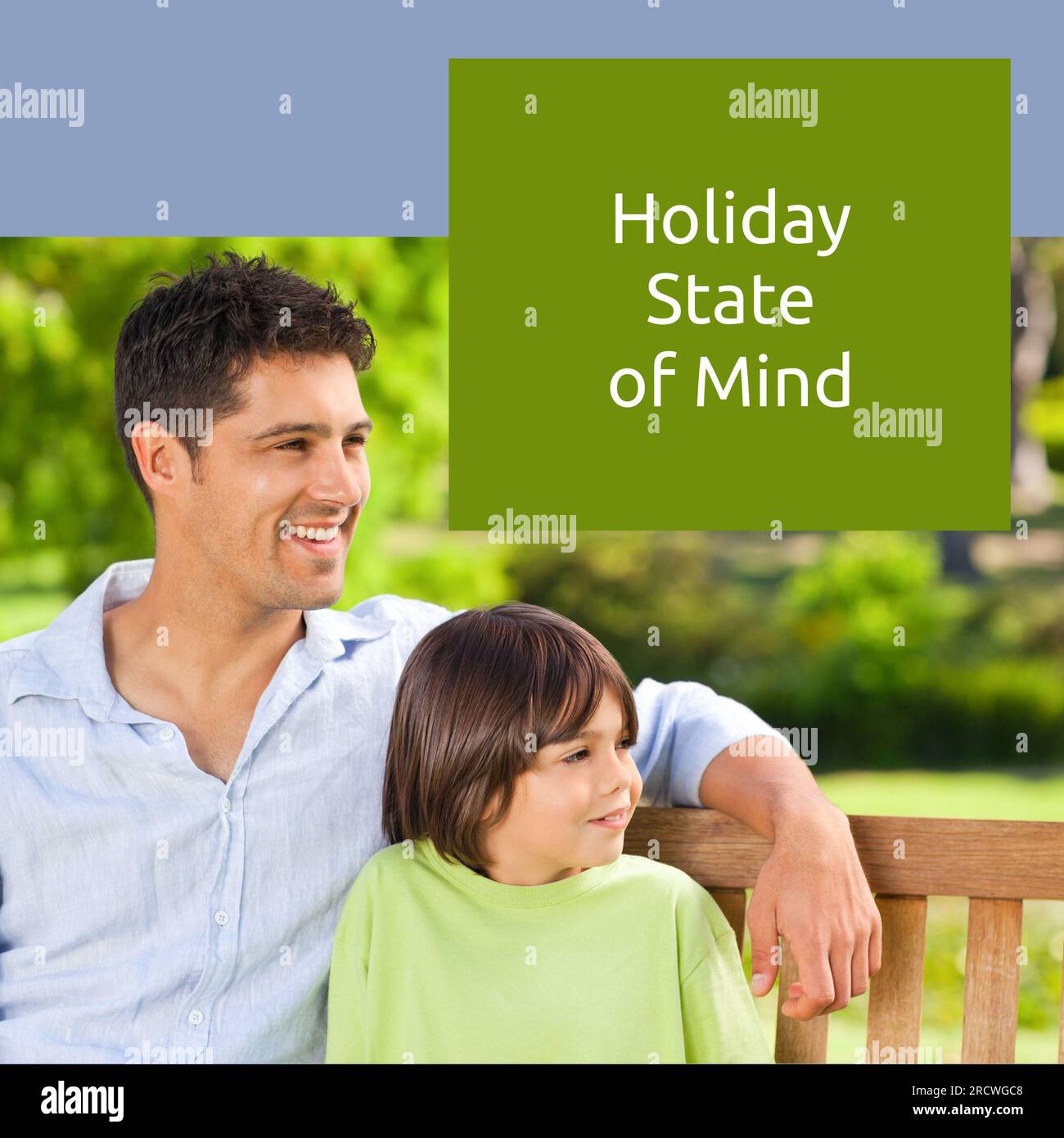 Holiday state of mind text on green with happy caucasian father and son ...