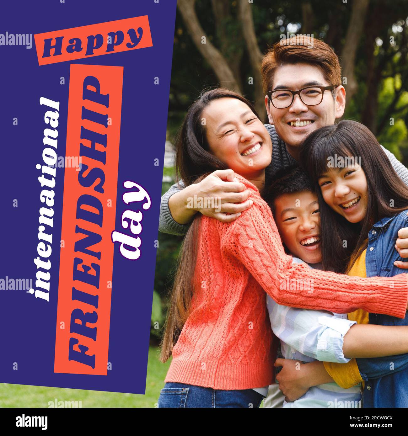 Happy international friendship day text on blue with happy asian ...