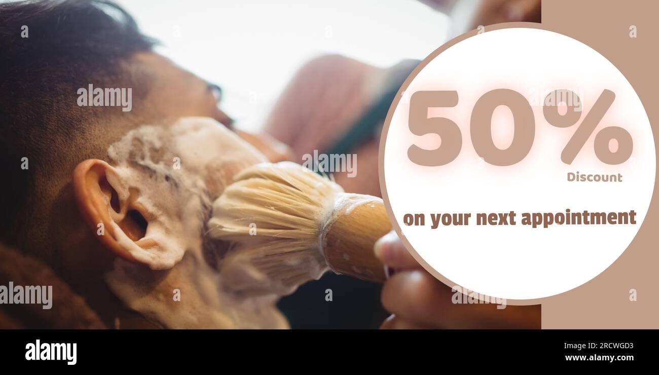50 percent discount text with diverse male client and female barber ...