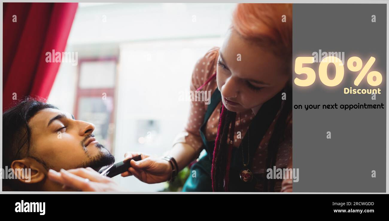 50 percent discount text with happy diverse male client and female ...