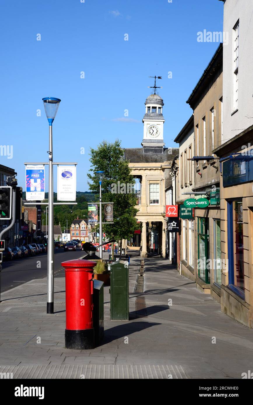 View of Fore Street shops and Guildhall, Chard, Somerset, UK, Europe ...