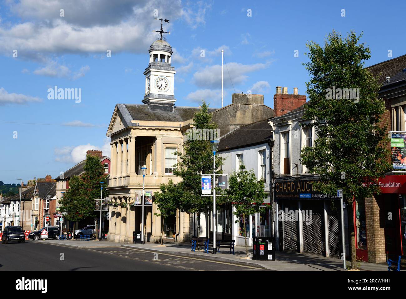 View of Fore Street shops and Guildhall, Chard, Somerset, UK, Europe ...