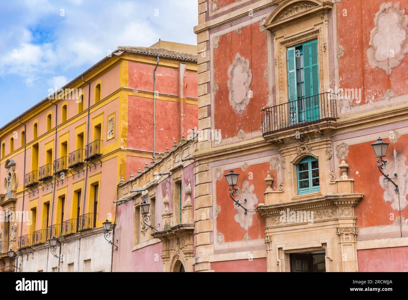 Colorful old buildings on the cathedral square in Murcia, Spain Stock ...