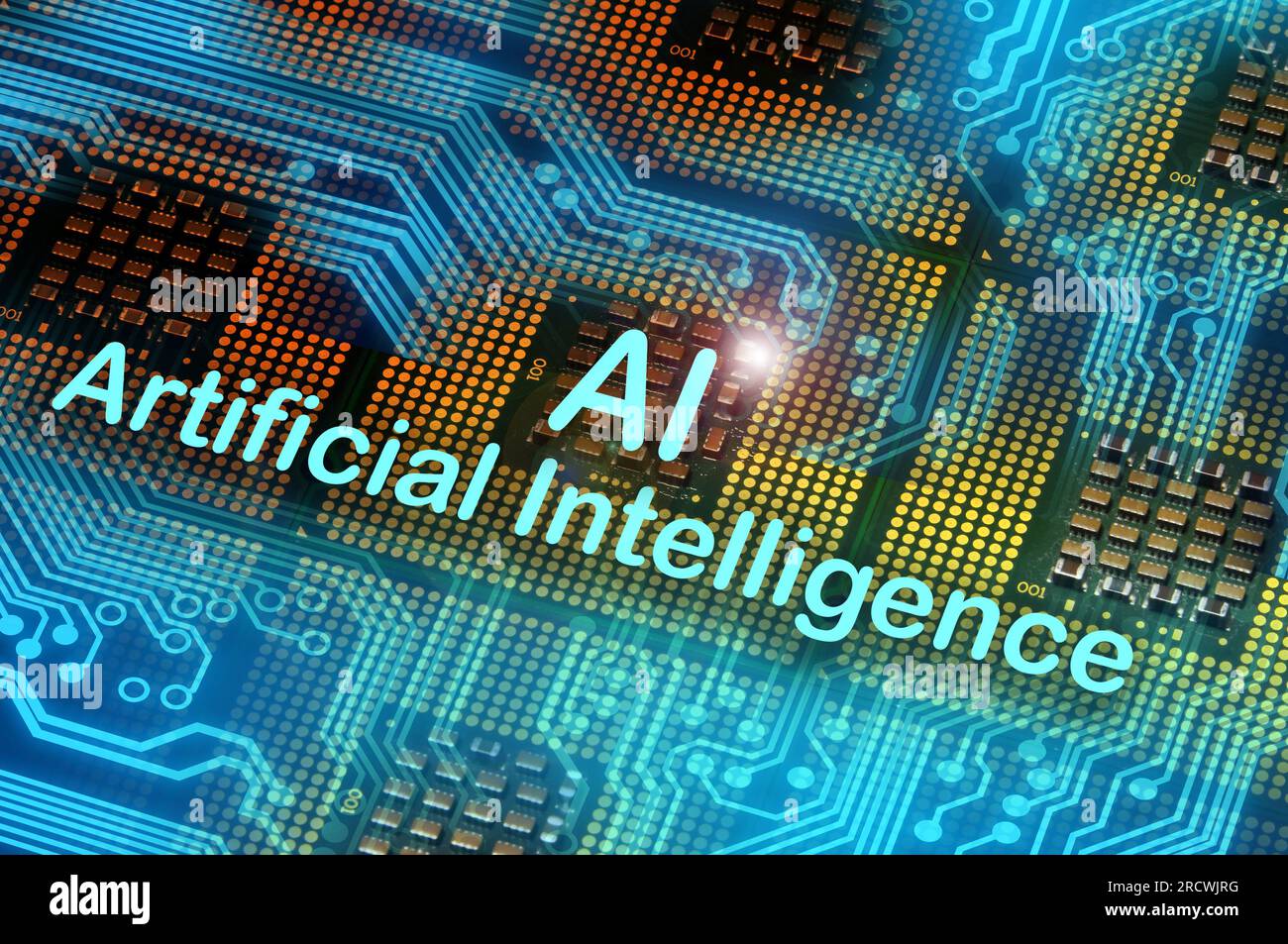AI Artificial Intelligence text on technology background with computer processors and electronic ...