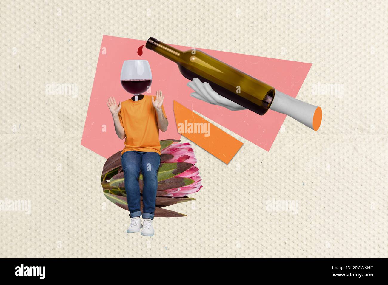 Collage surrealistic absurd head red wineglass sommelier drinking ...