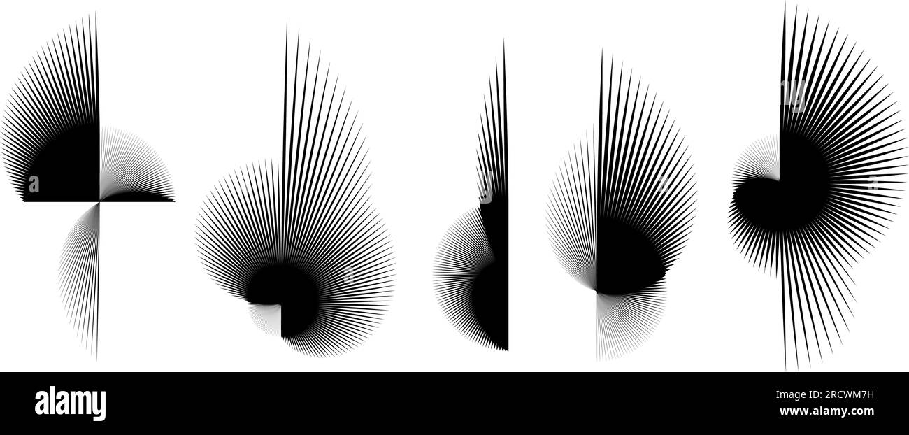 Abstract black curved spiky elements set. Radial spiral spokes objects ...