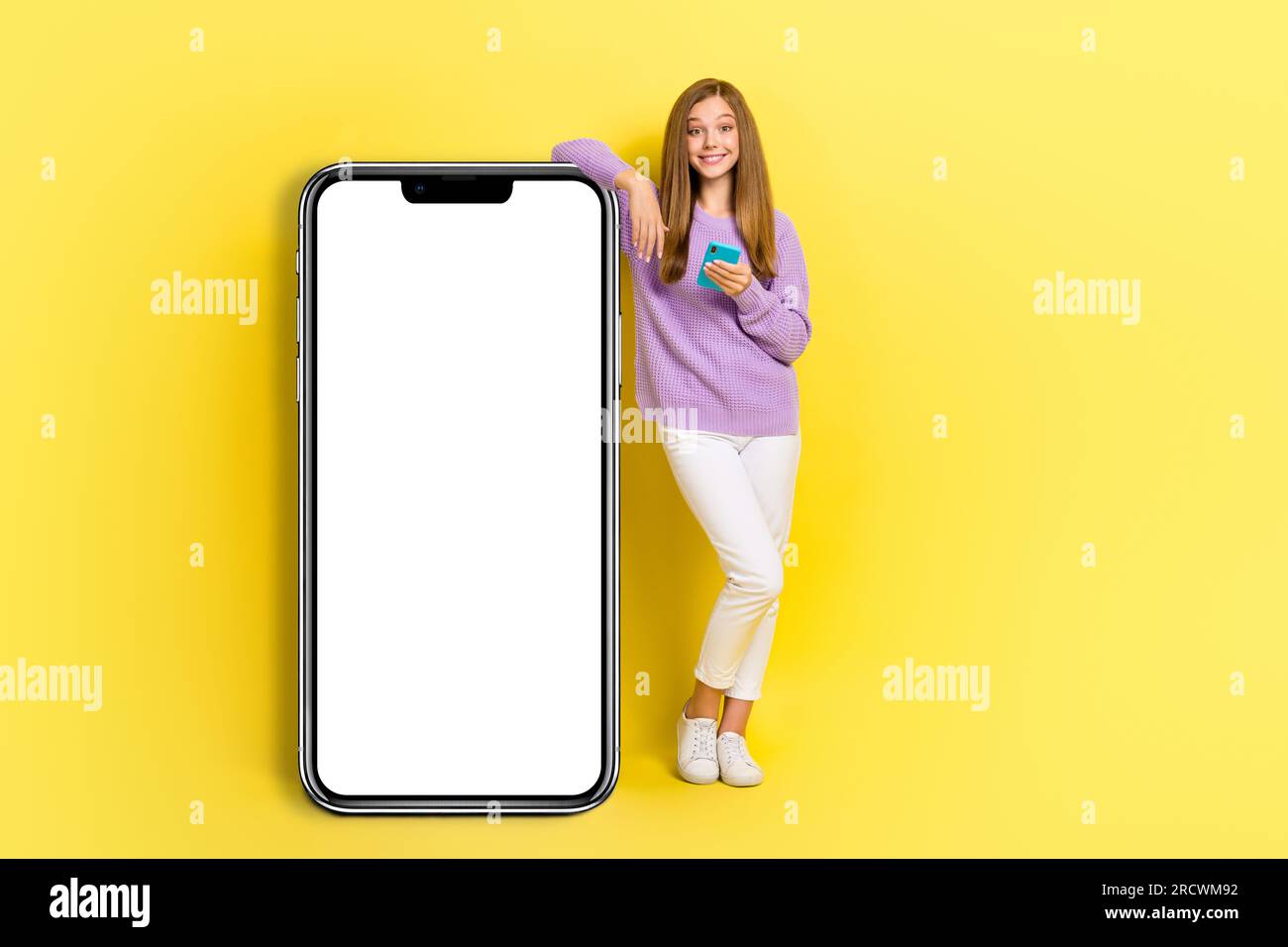 Full length photo of positive lady stand big modern gadget mirror use ...