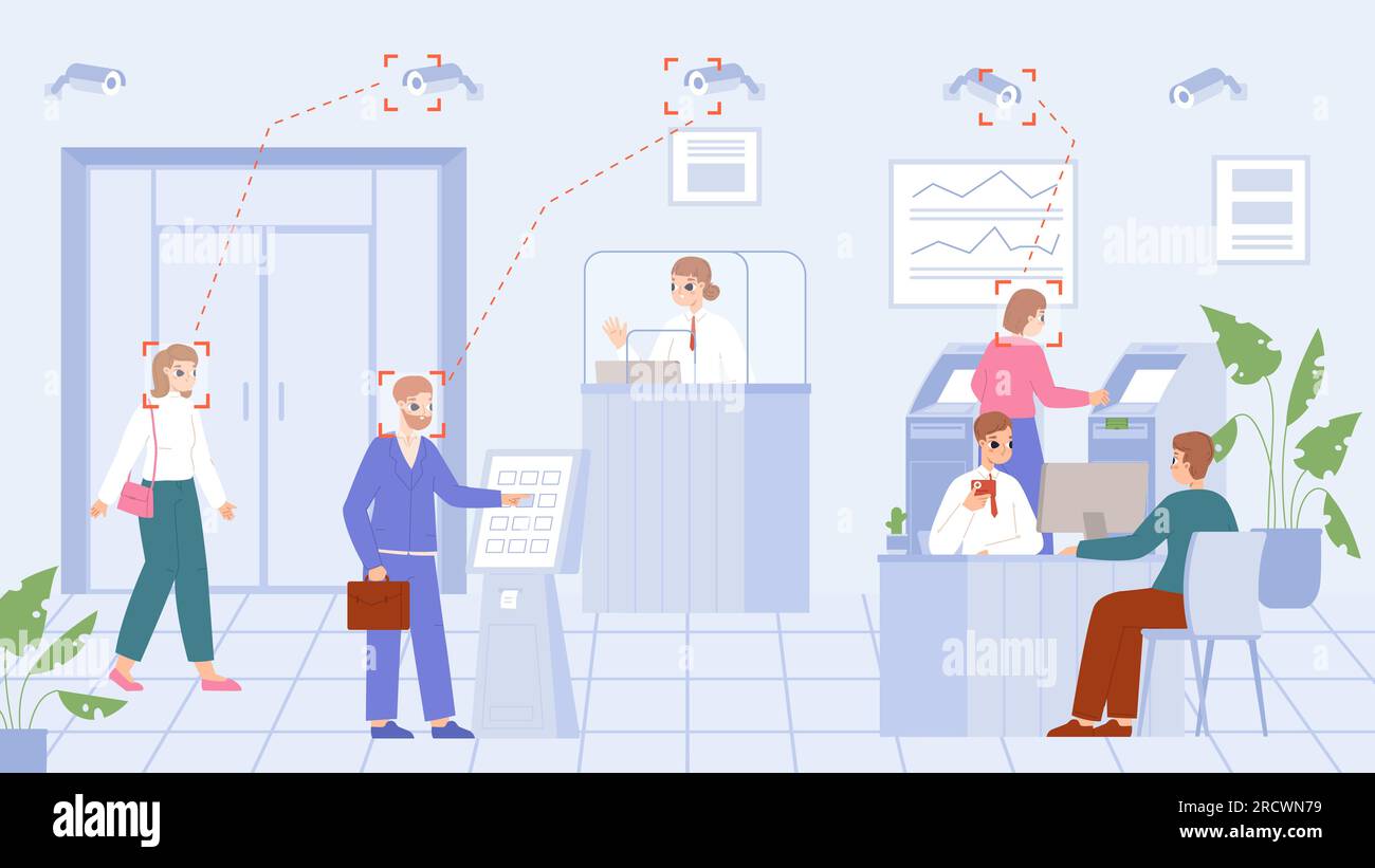 Clients face recognition in bank office. Customer service, counters and ...