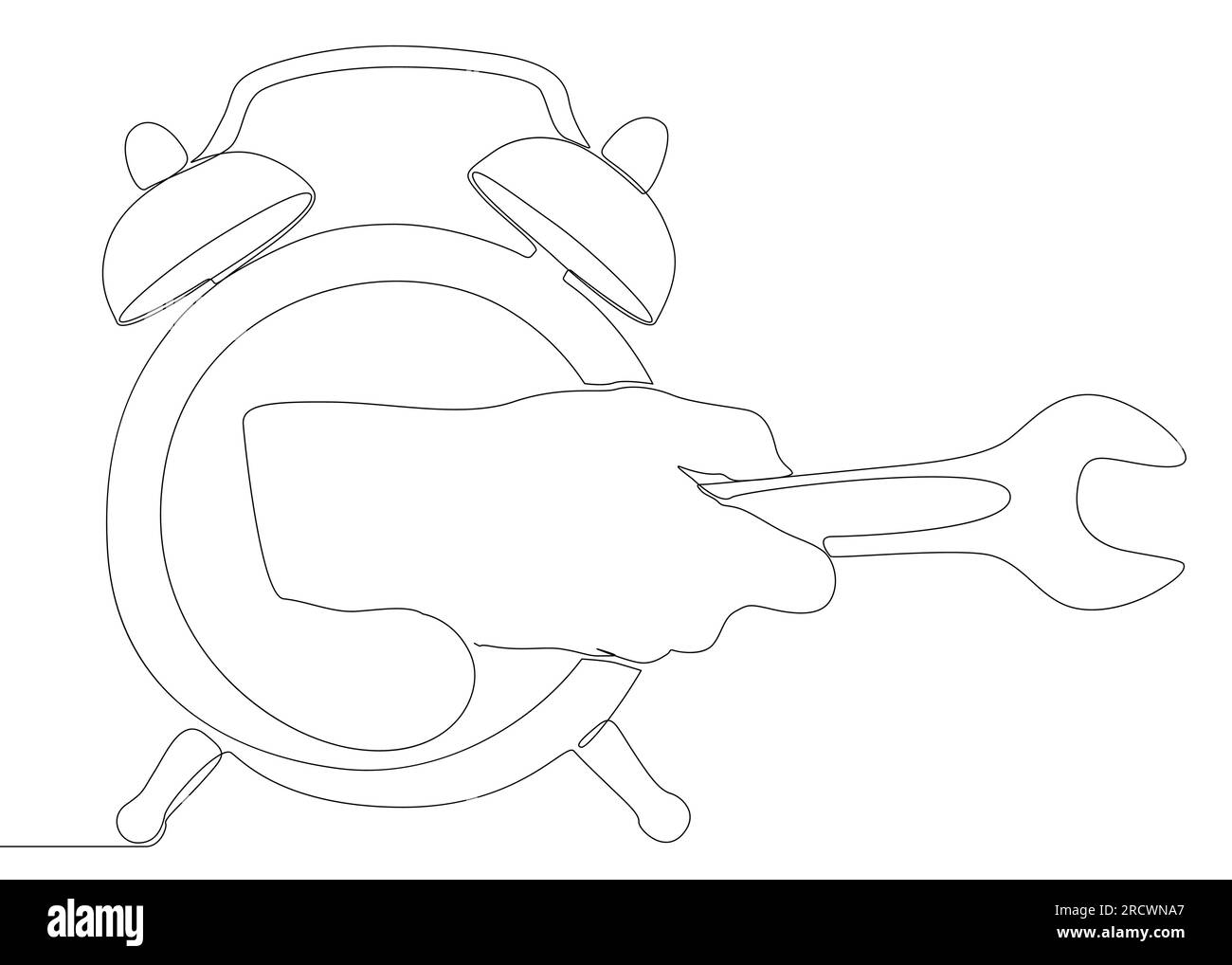 One continuous line of alarm clock with Wrench. Thin Line Illustration ...