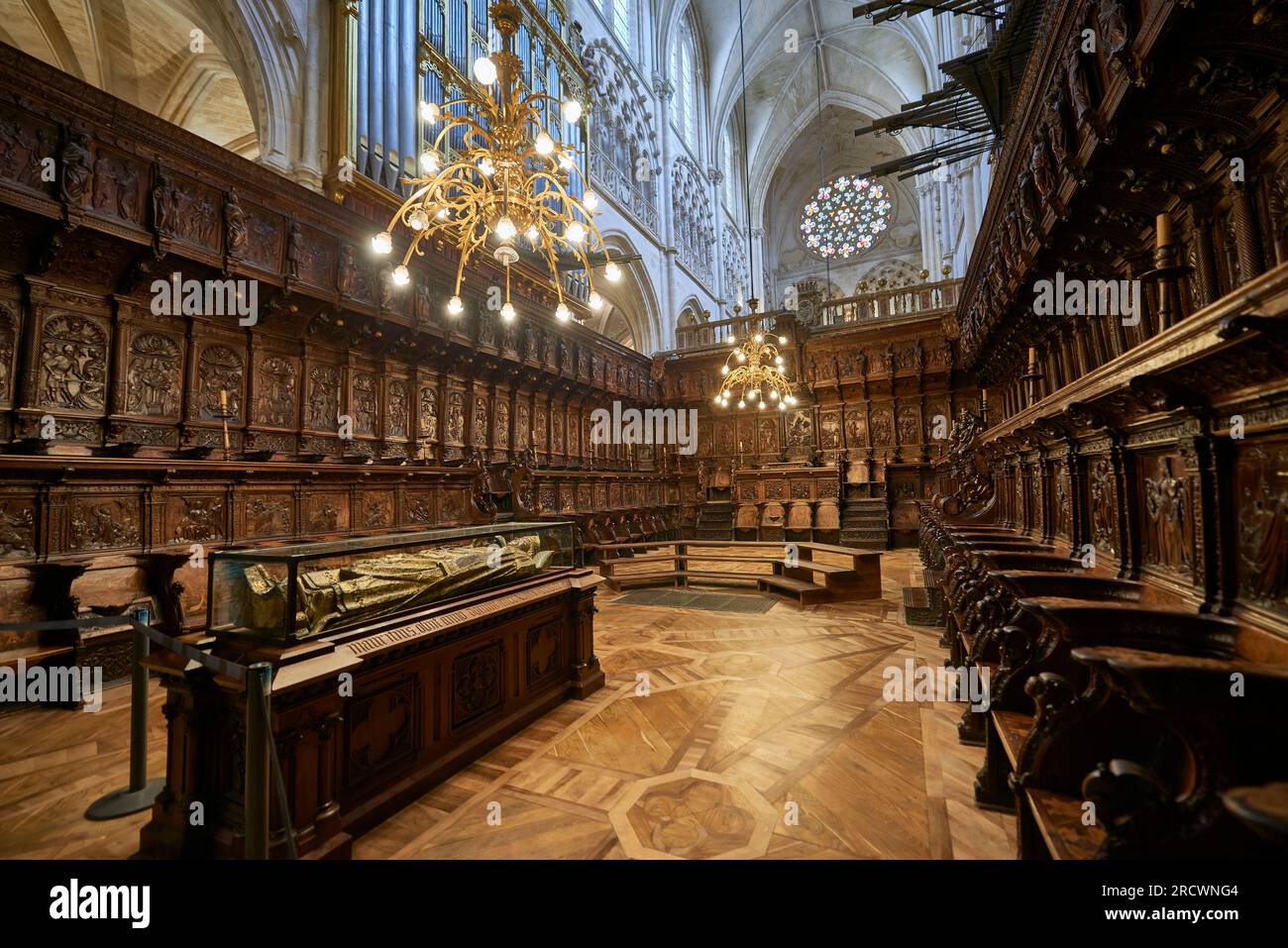 Carved choir with wooden parquet and seats in the cathedral of santa ...