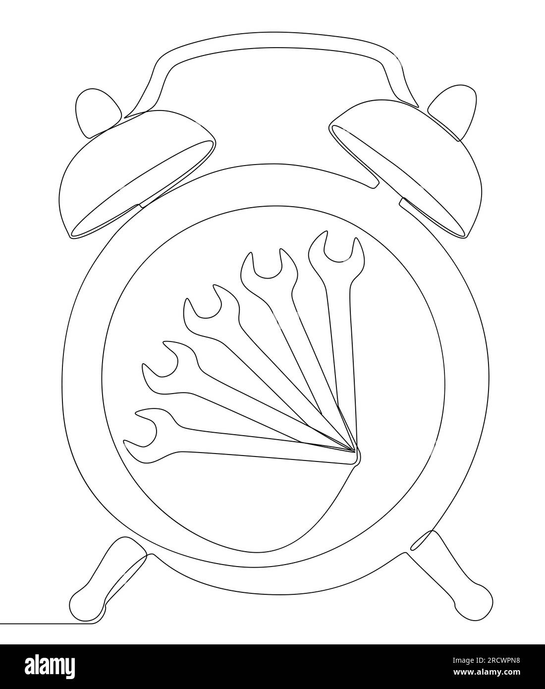 One continuous line of alarm clock with Wrench. Thin Line Illustration ...