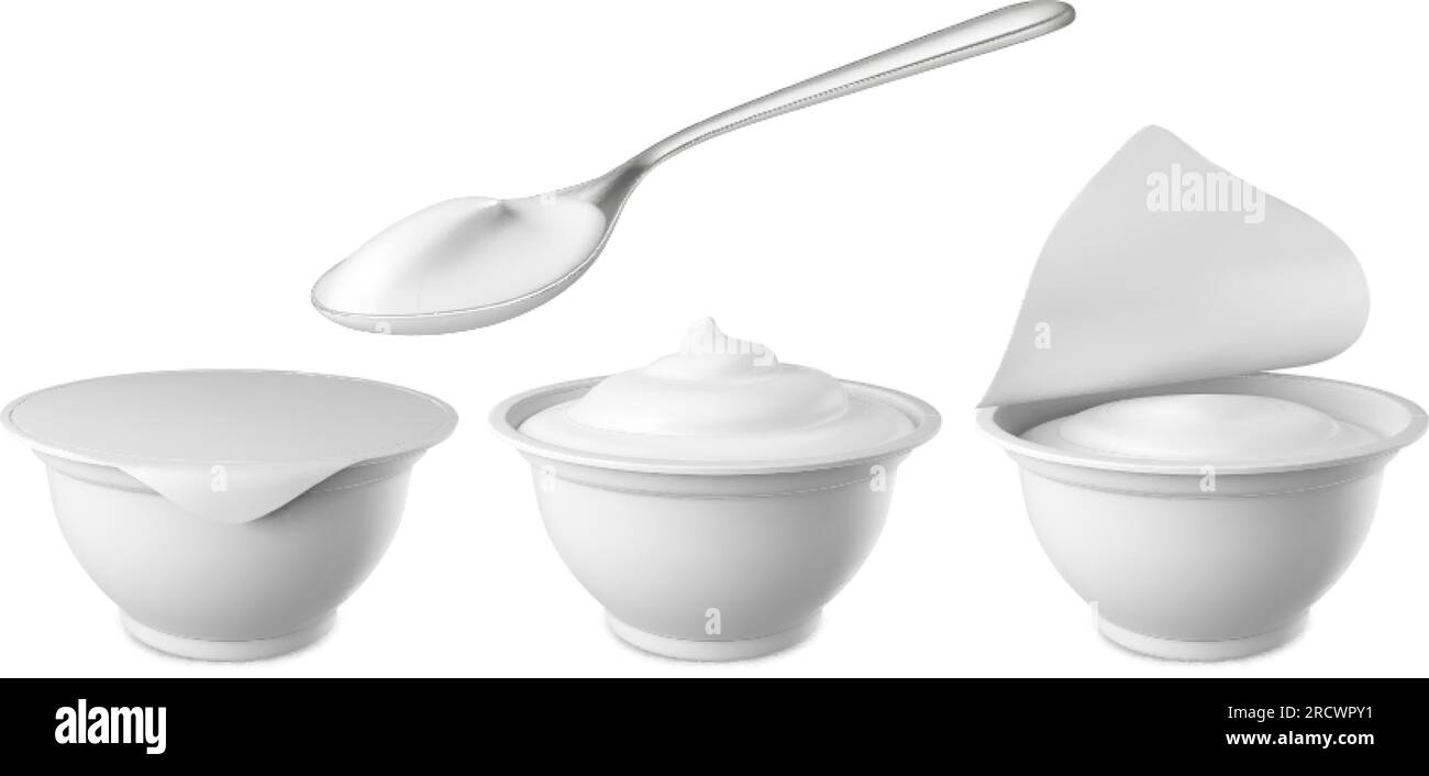 Realistic open yogurt. 3d closed plastic cup with lid. White container ...