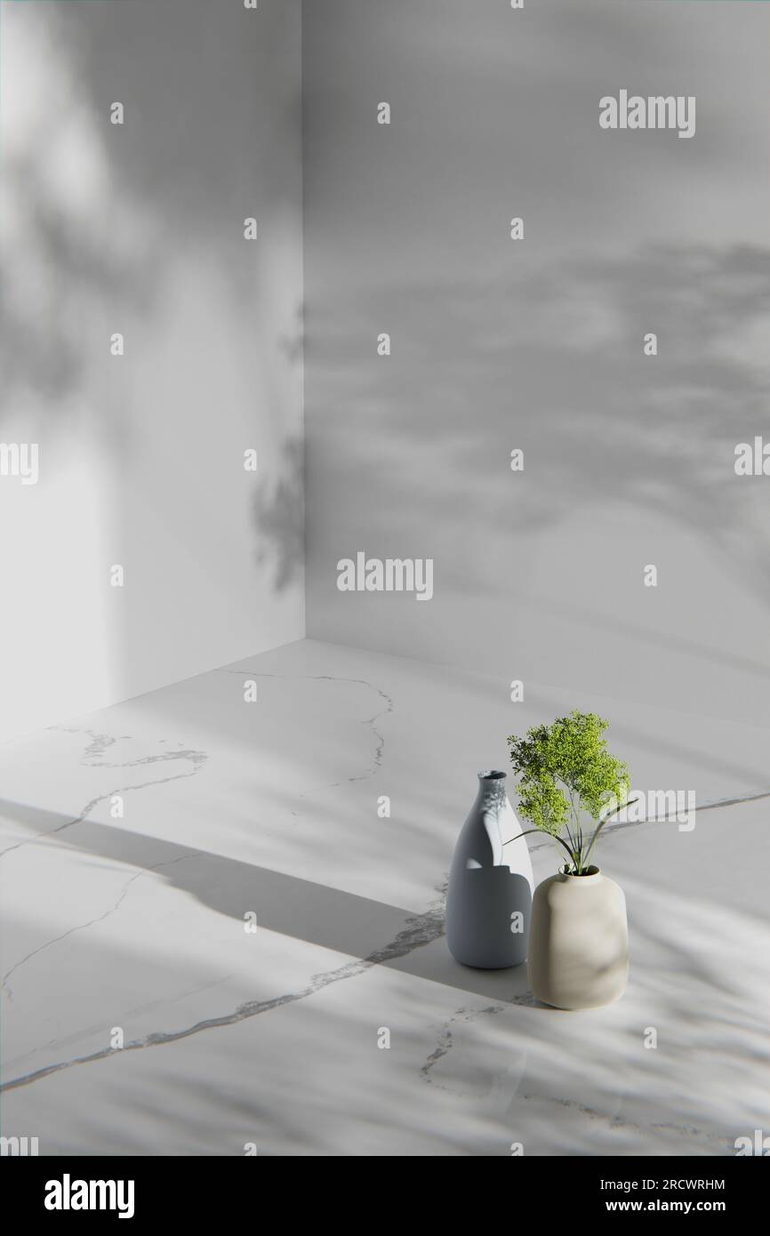 Simple monotone background with vases, tree shadows and natural light ...