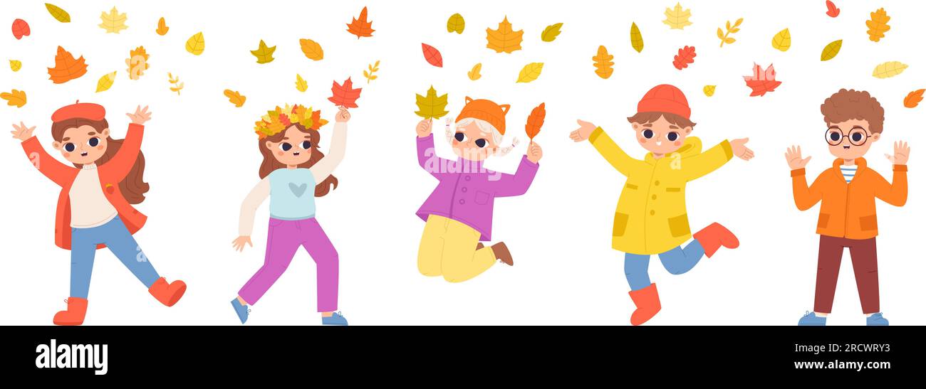 Kids jumping under falling autumn leaves. November season, play and ...