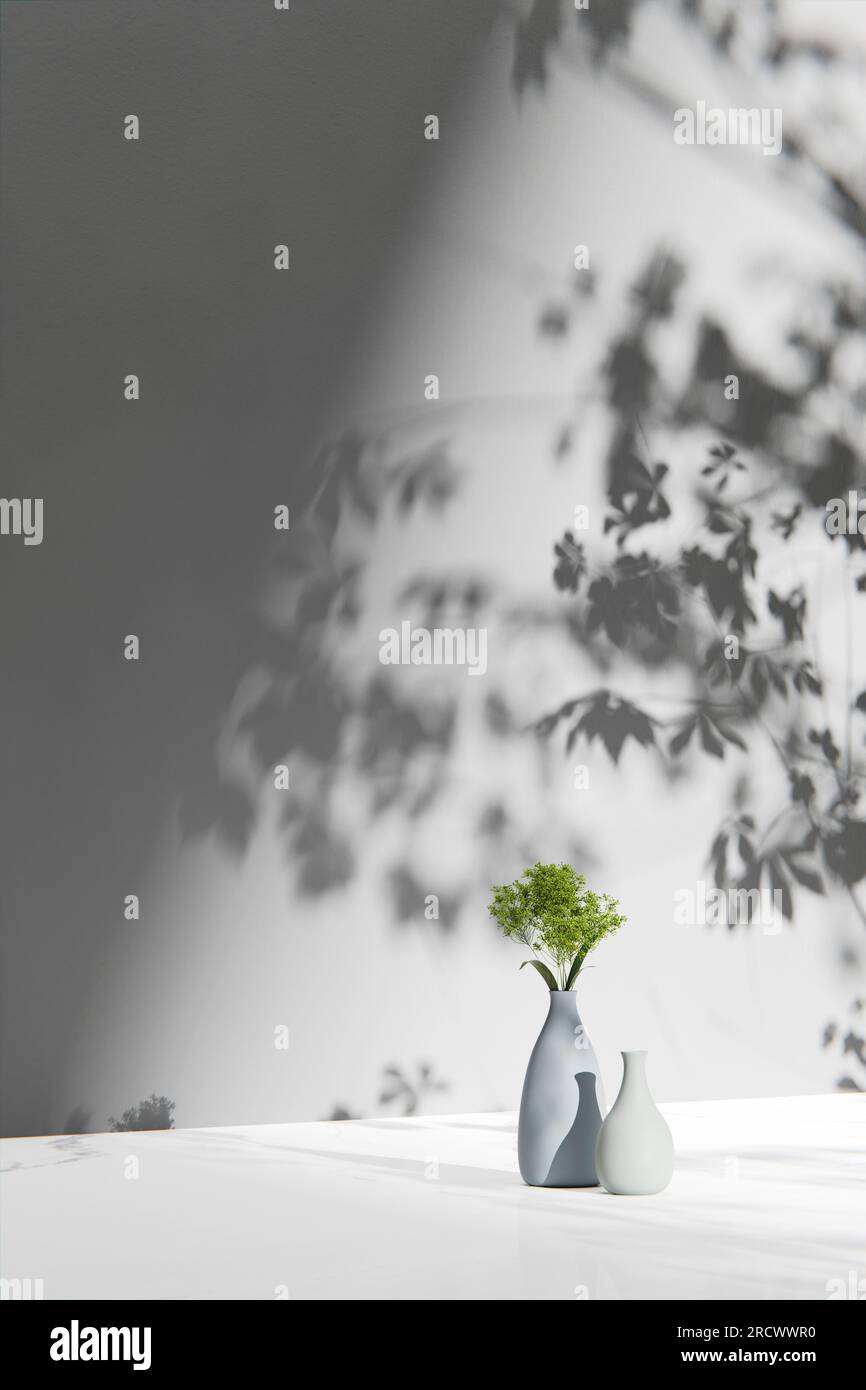 Simple monotone background with vases, tree shadows and natural light ...