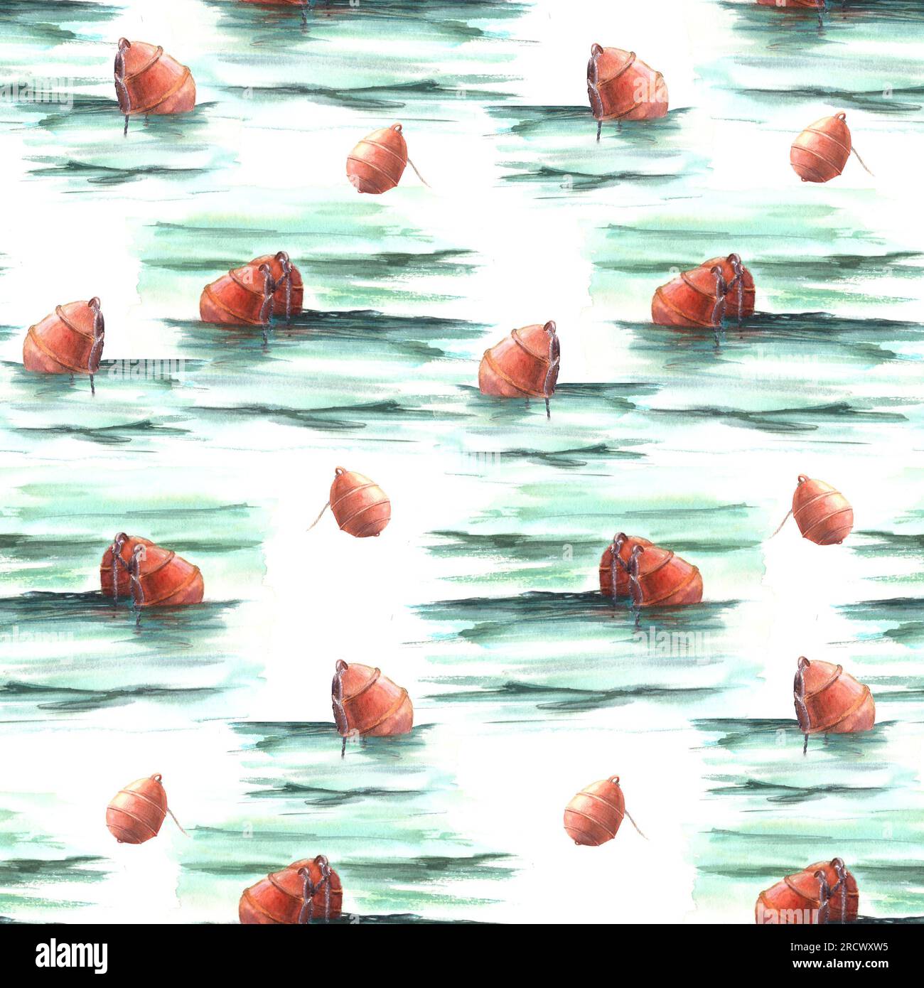 Watercolor maritime seamless pattern red buoys at sea Hand painted illustration on white ...