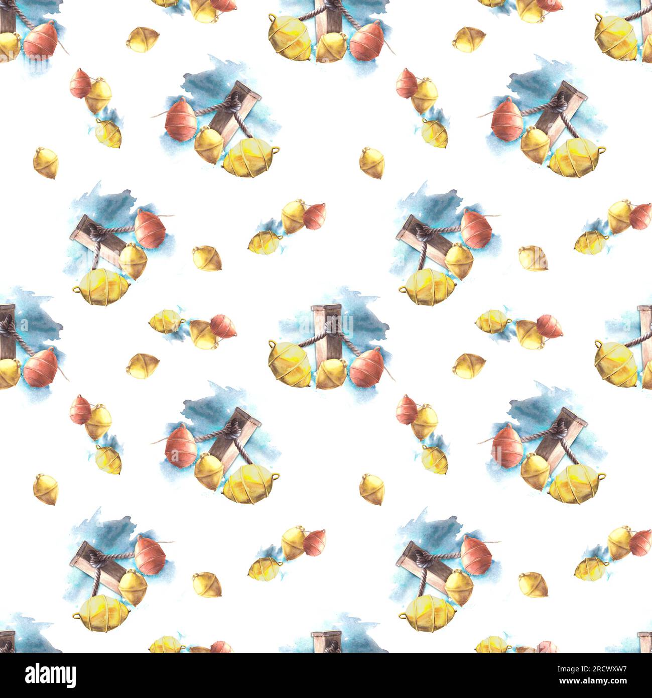 Nautical seamless pattern Bollards, red and yellow buoys, ropes, sea ...