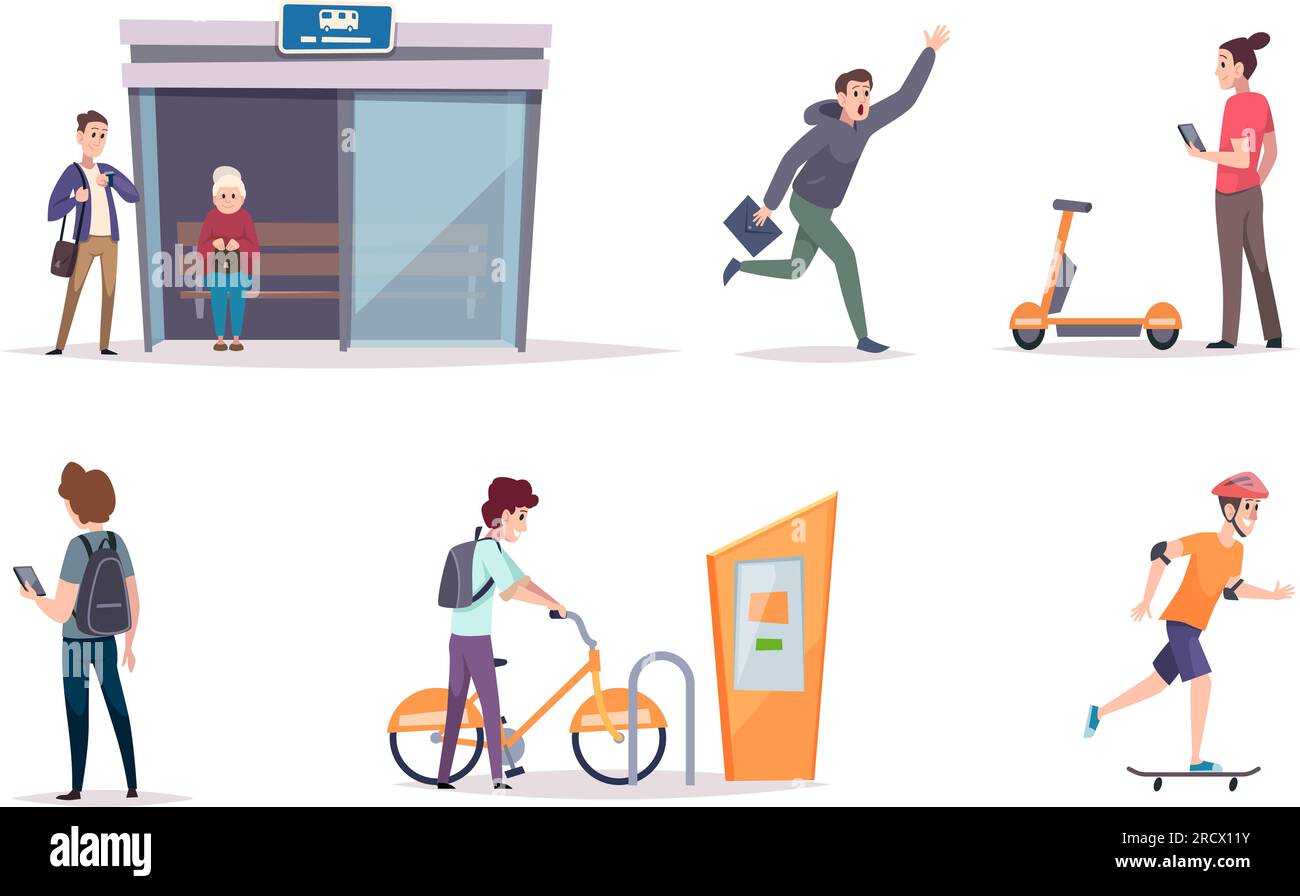 People in city. Characters waiting on bus station running to urban transport travel in metro ...