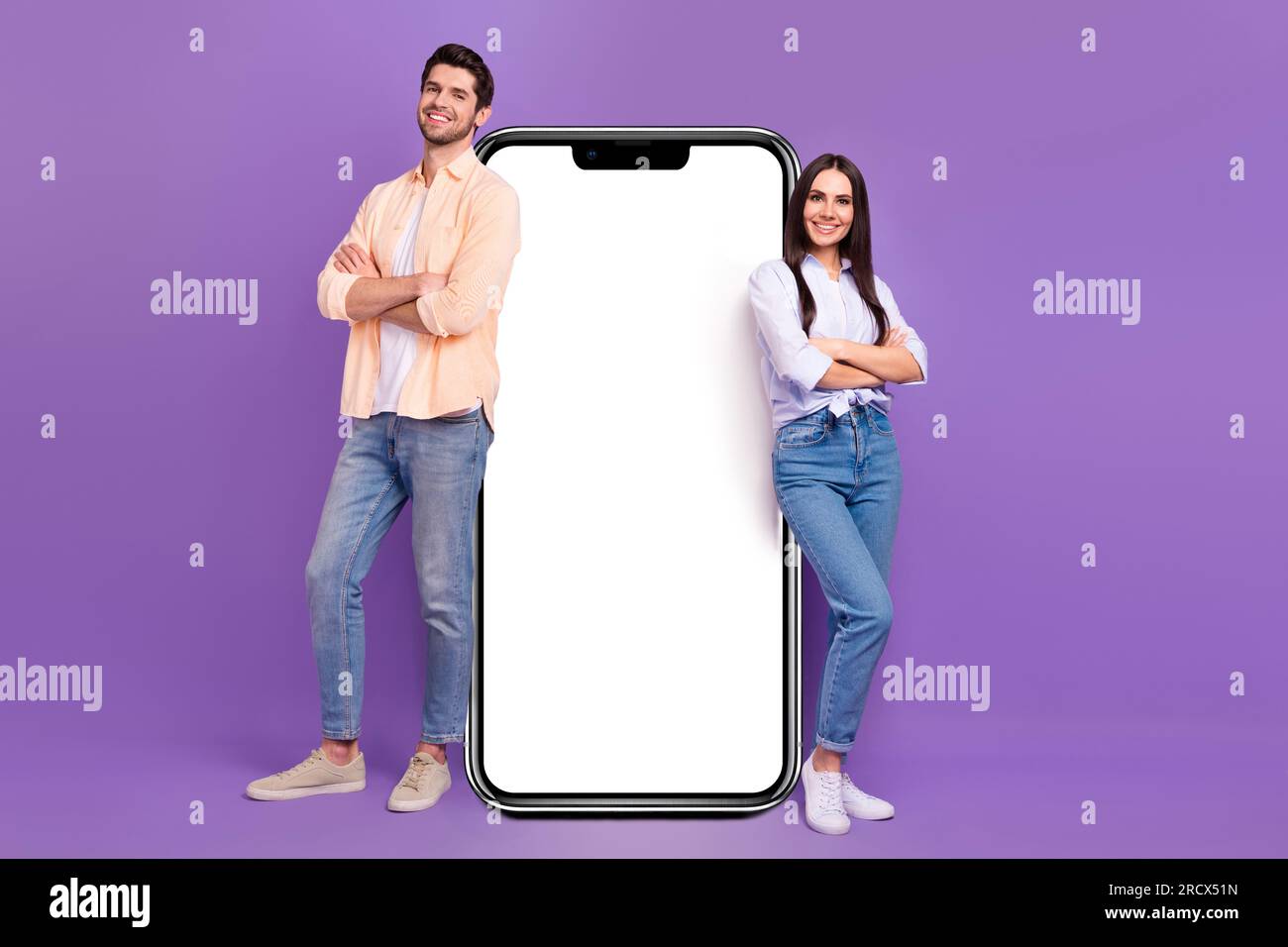 Full body portrait of two successful positive partners folded hands big empty space banner ...