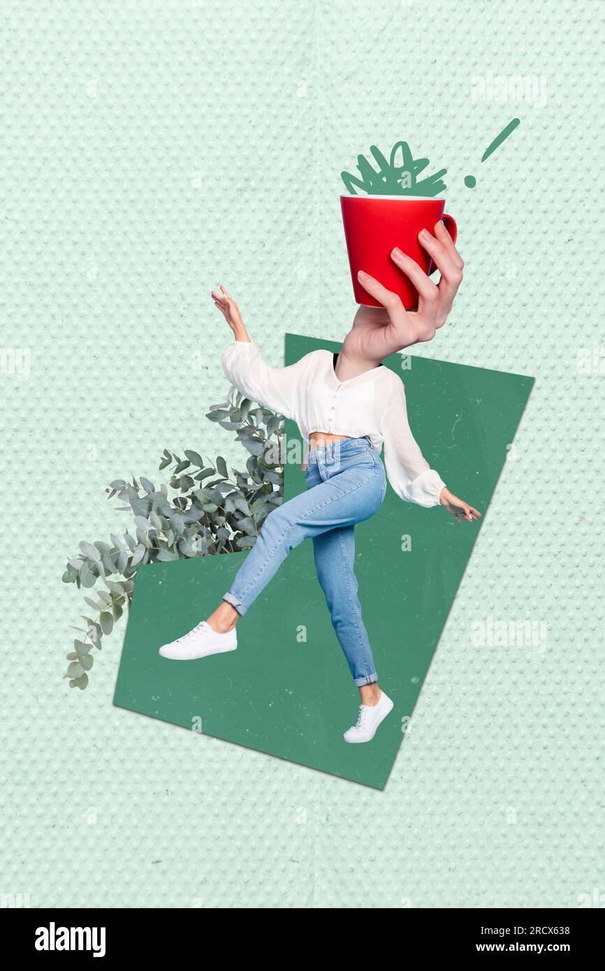 Creative collage illustration of headless absurd lady dancing coffee ...