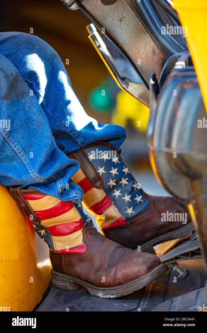 U.S Flag on boots driving fork lift Stock Photo - Alamy
