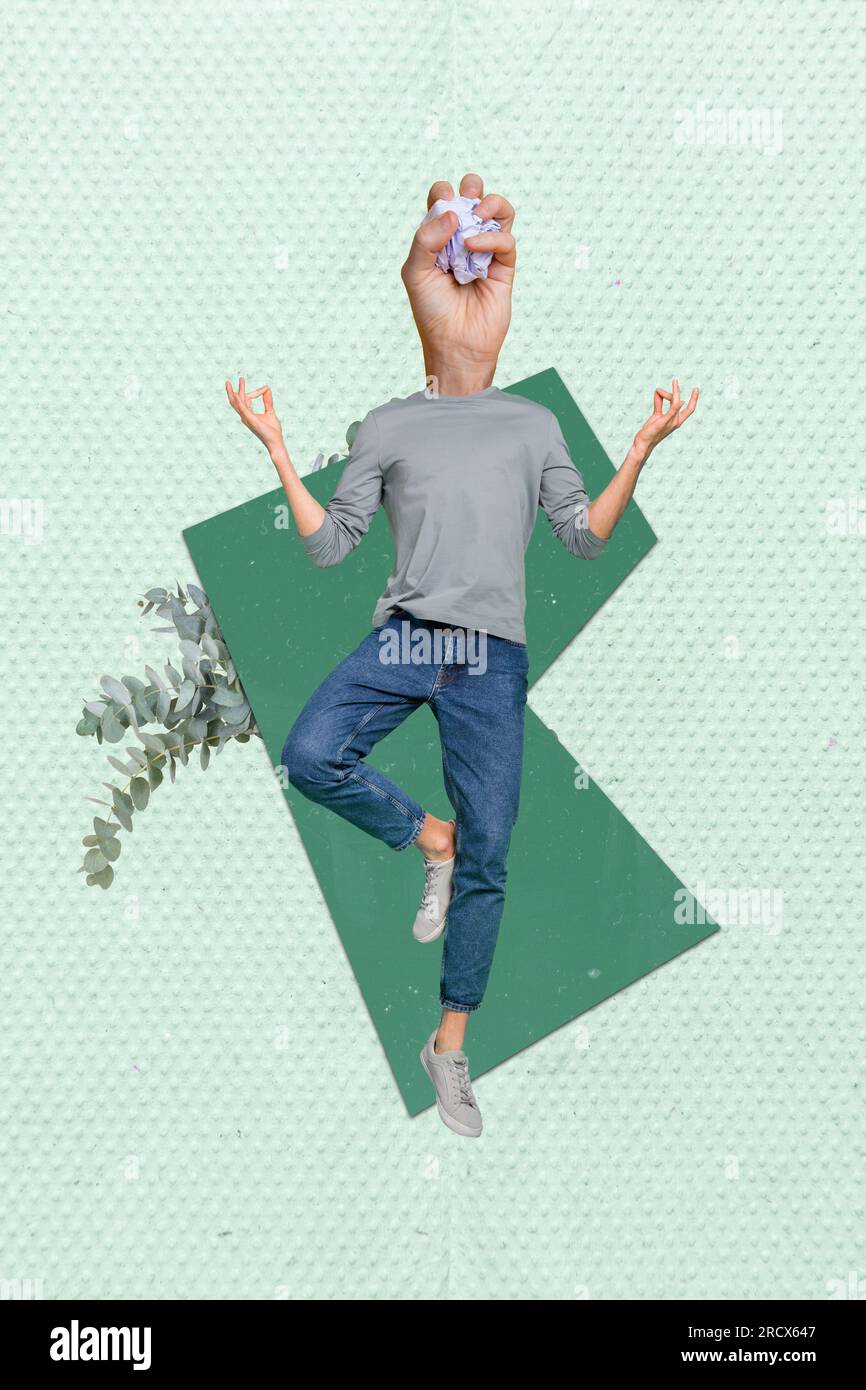 Vertical collage image of headless meditation focused absurd man hand ...