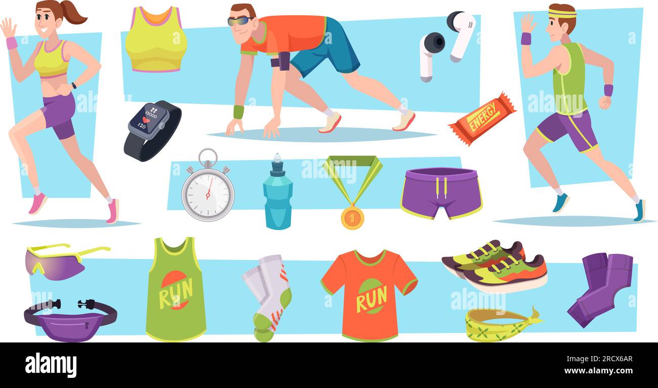 Marathon runners. Cartoon sport characters fitness activities exact ...