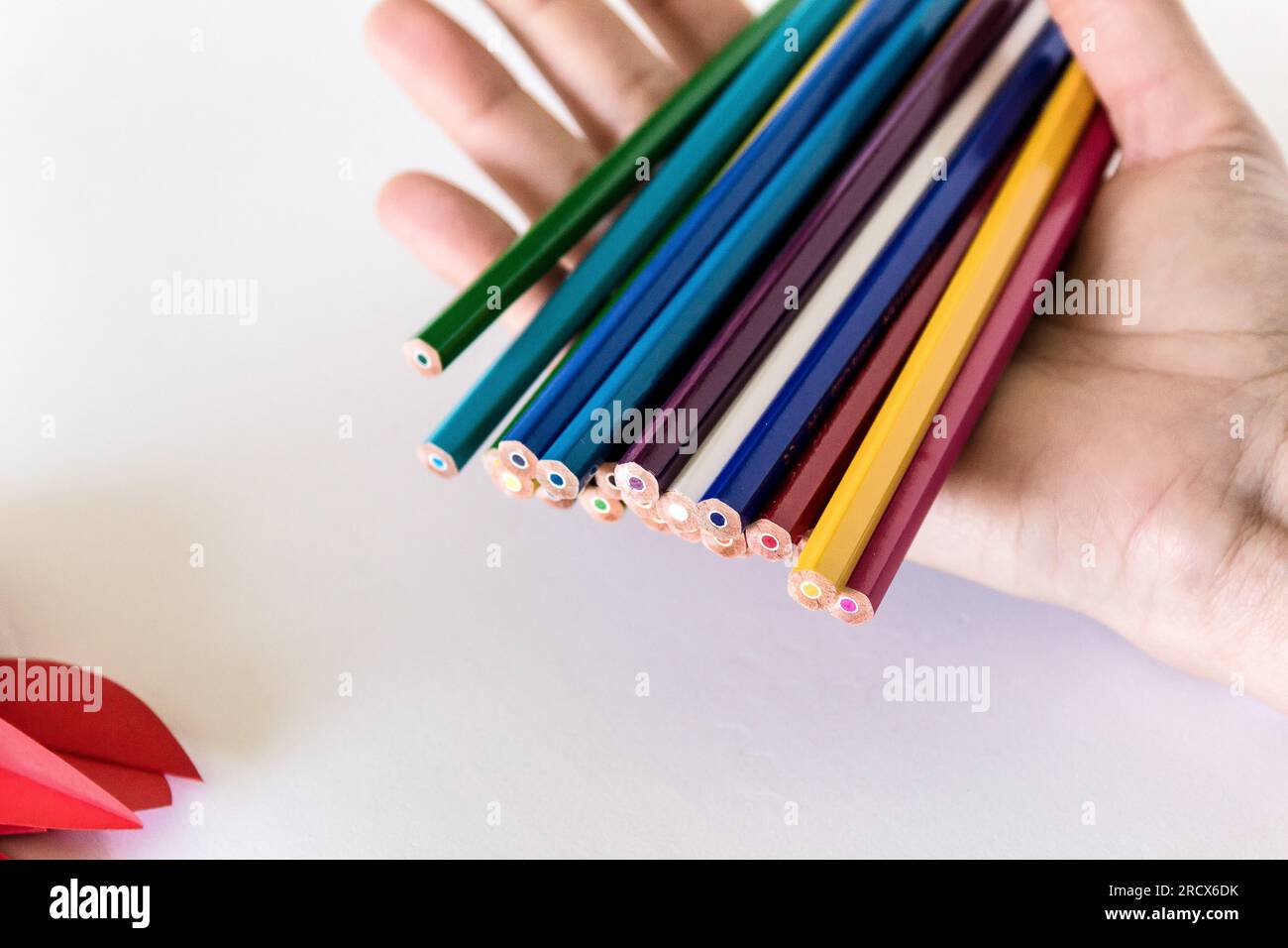 Multicolored pencils. Hand holding colored pencils set. Close up and ...