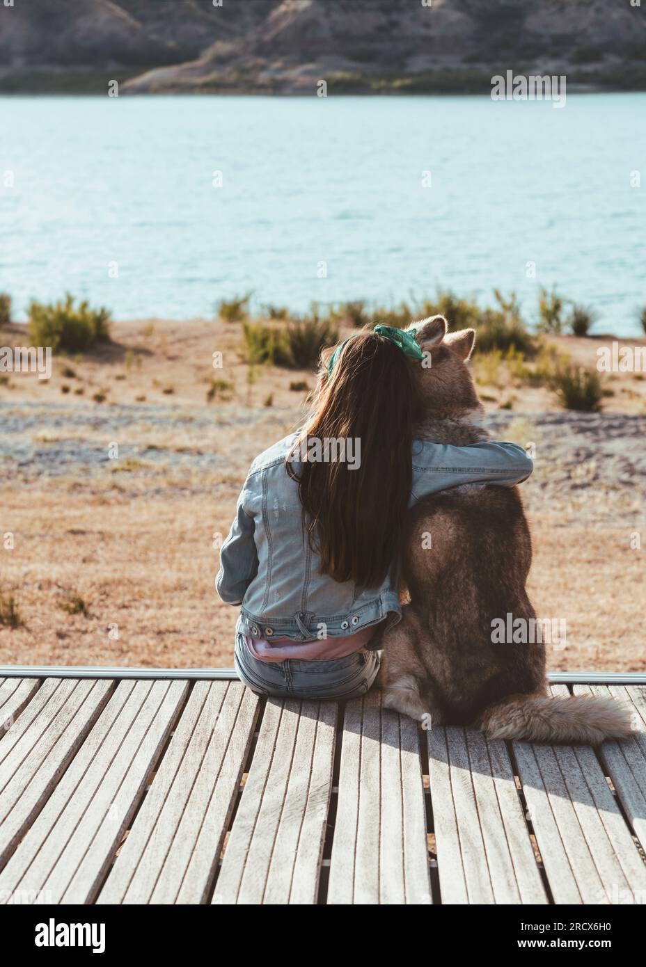 girl sat by a lake hugging her pet husky watching the sunset Stock ...