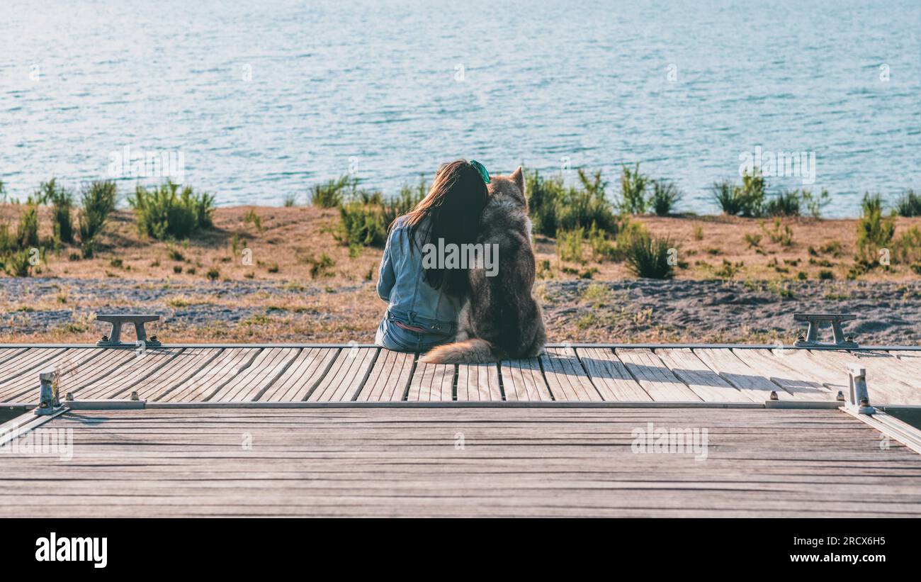young girl and pet husky sat on a jetty looking into a lake Stock Photo ...