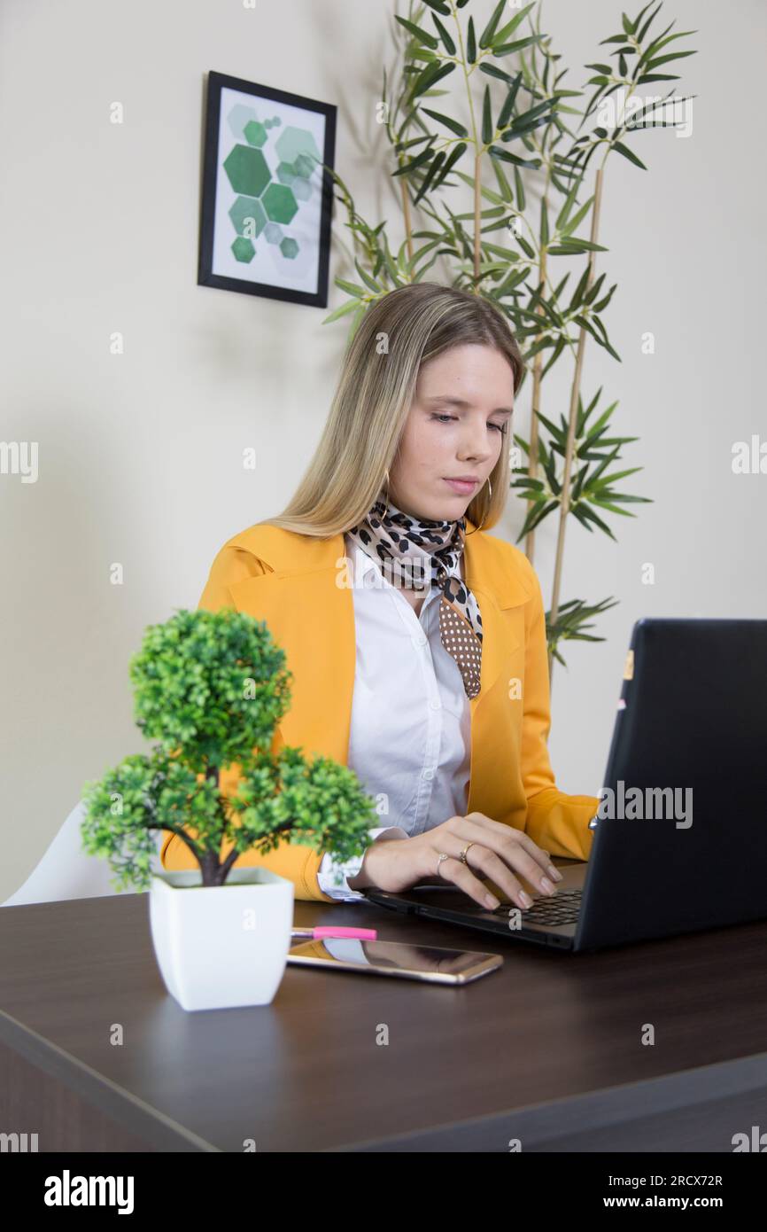 Woman in office using laptop Stock Photo - Alamy