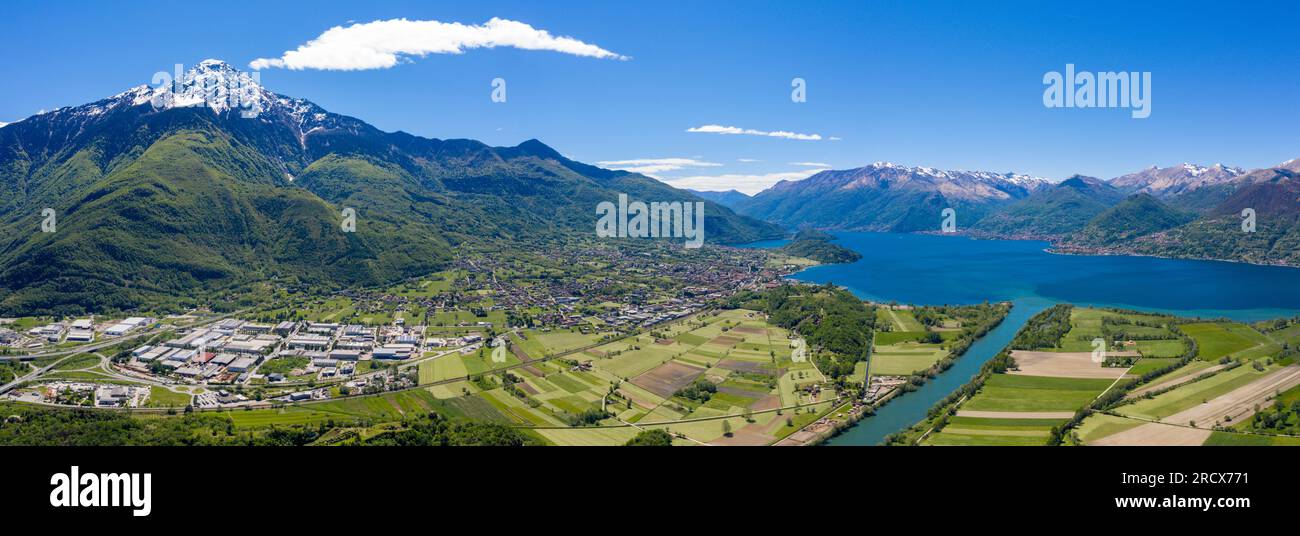 Aerial panoramic of river Adda flowing into Lake Como, Italy Stock ...