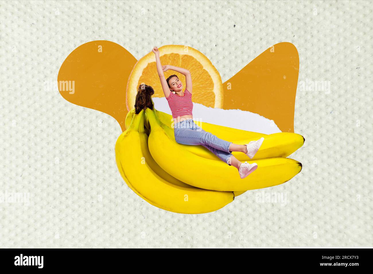 Collage template of funny young relaxed girl sitting fruits ripe banana ...