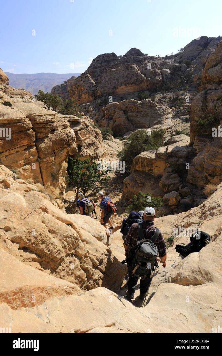 Walkers in the Wadi al-Aghlat before Little Petra, Jordan, Middle East ...