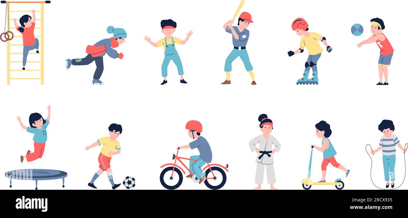 Kids activities, sporting and gaming children. Happy little athletics ...