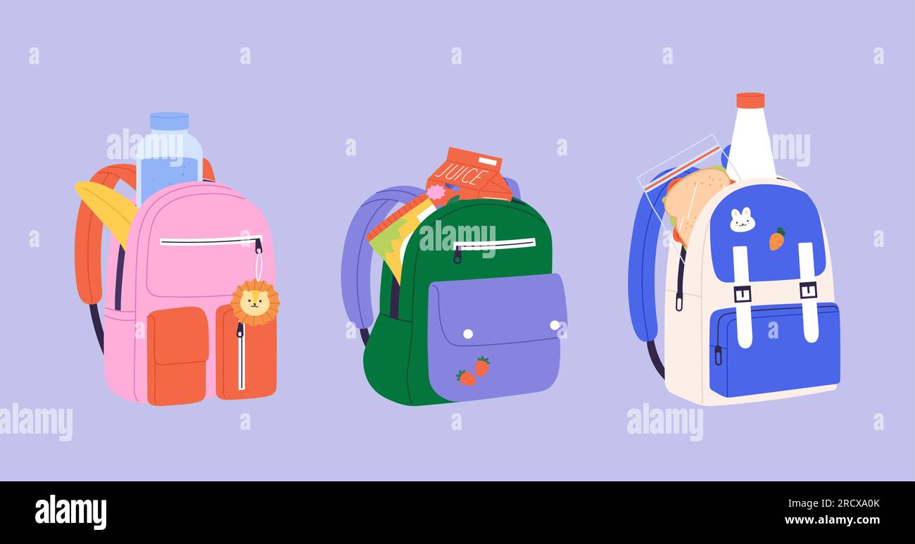 School or kindergarten children backpacks with food. Kids bags and ...