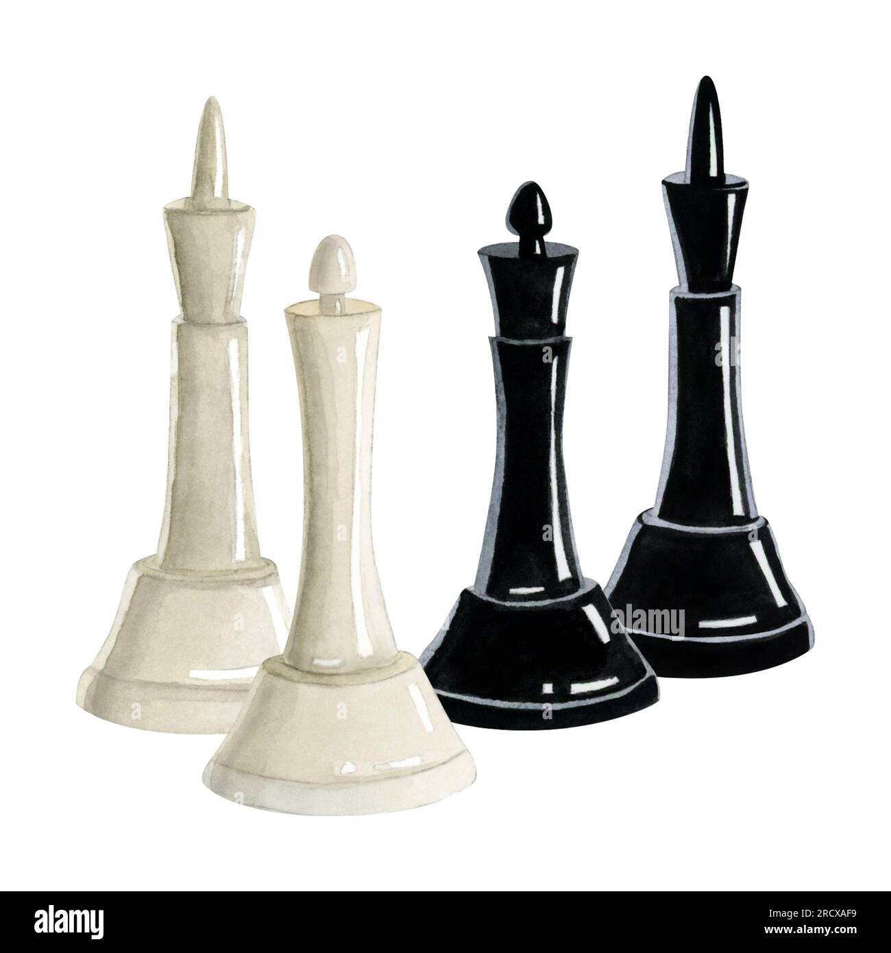 Watercolor chess king and queen black and white pieces illustration ...