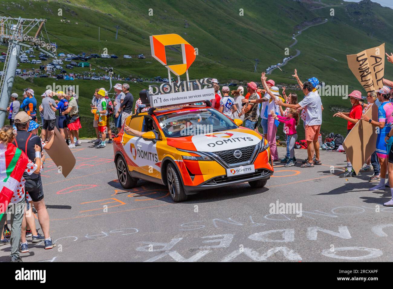 Col du Tourmalet, France - July 06 2023: Caravan car at the top of the ...