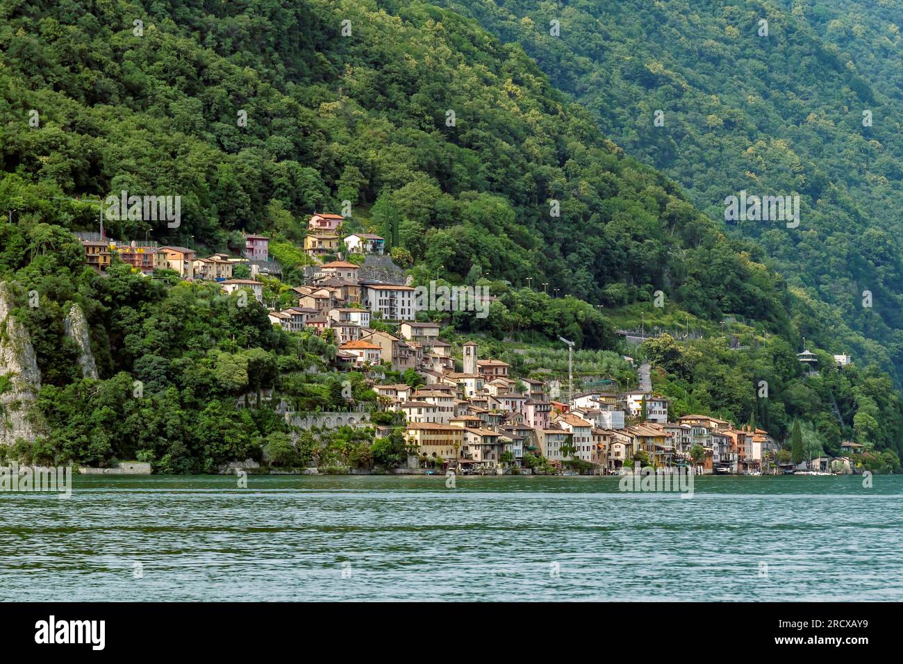 Panoramic view of Gandria, Lugano, Switzerland, in late afternoon light ...