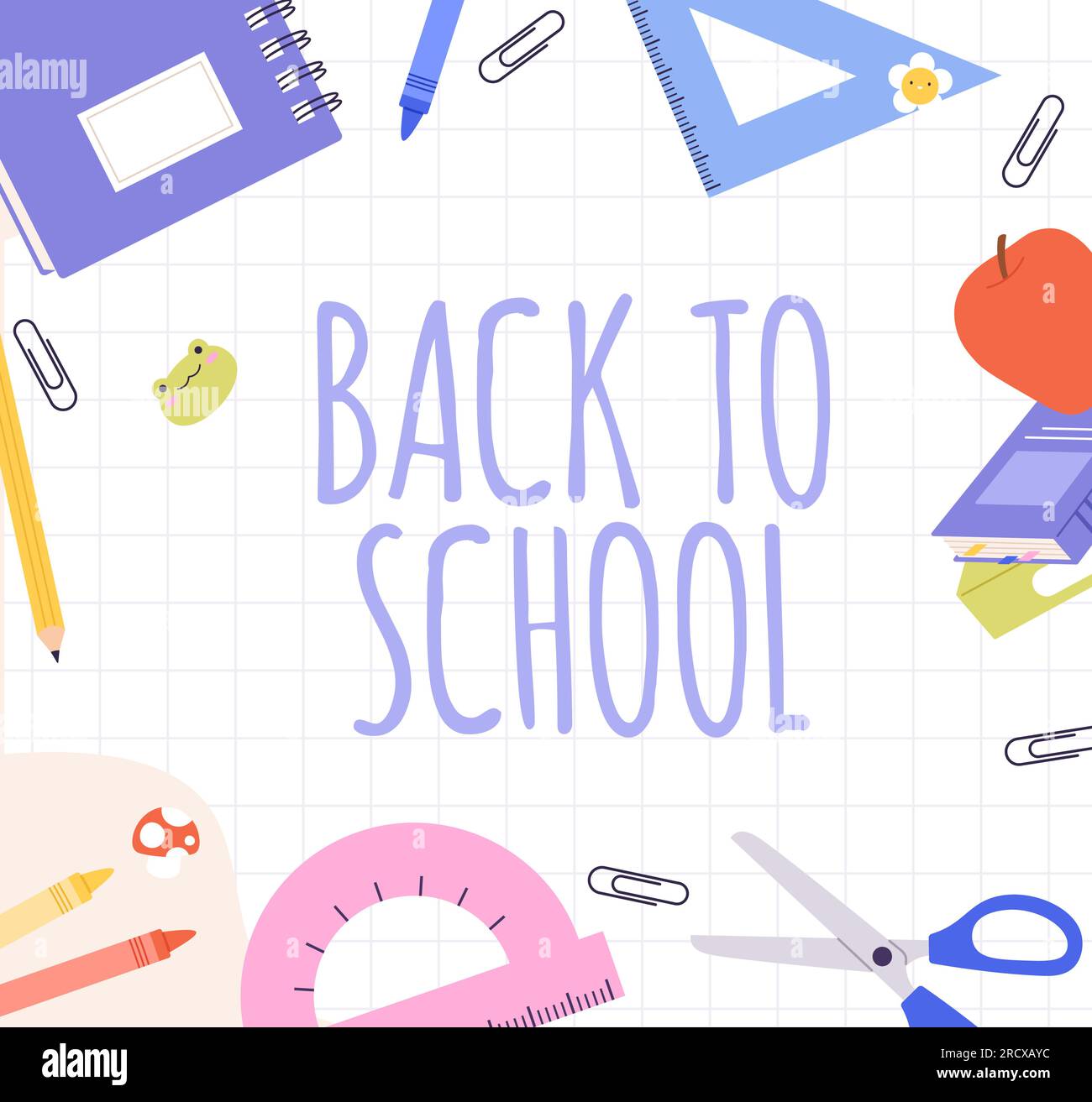 Back to school background with books, stationery, red apple and cute ...